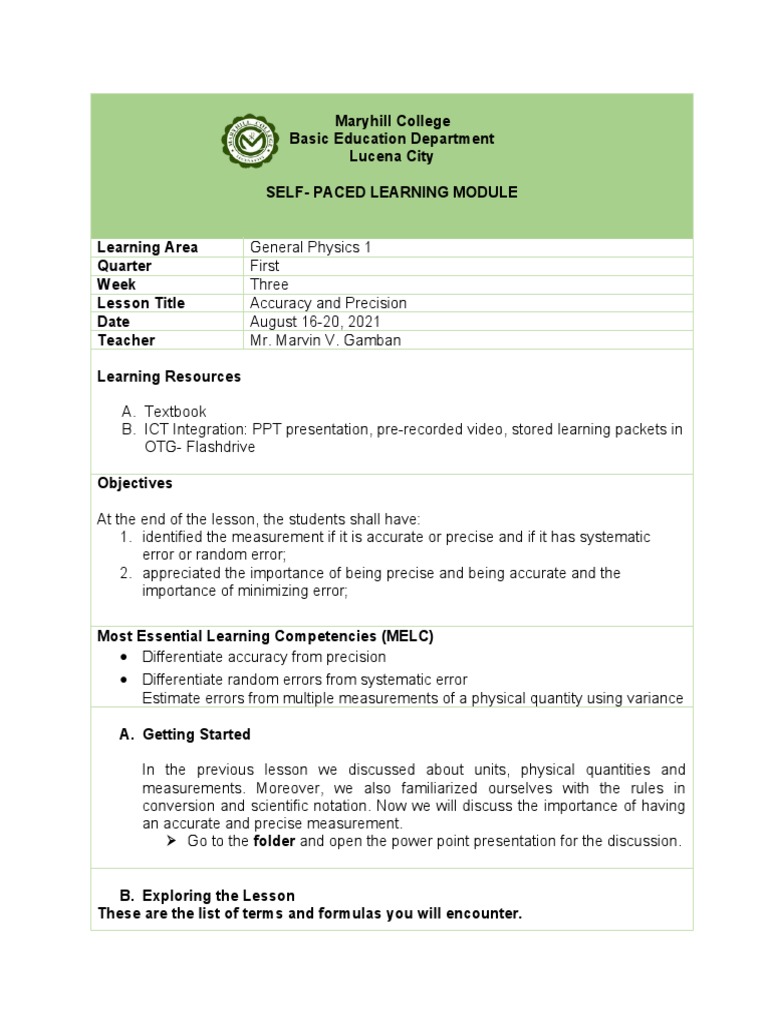 General Physics SPLM Week 3 | PDF | Observational Error | Accuracy And Precision