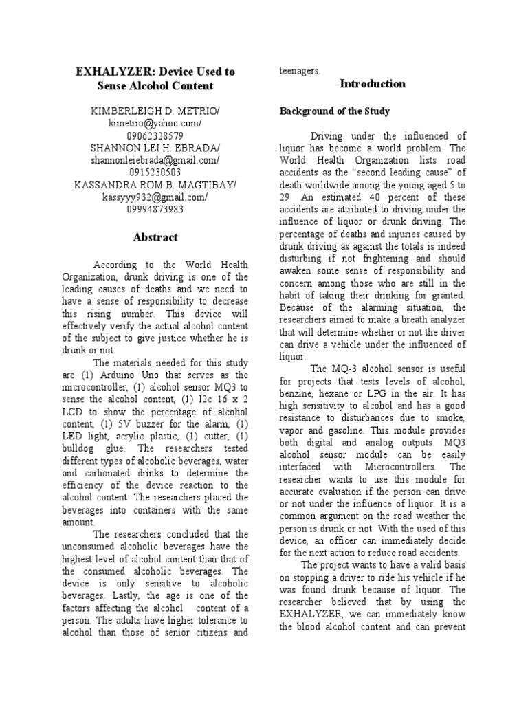 EXHALYZER: Device Used To Sense Alcohol Content: Background of The ...