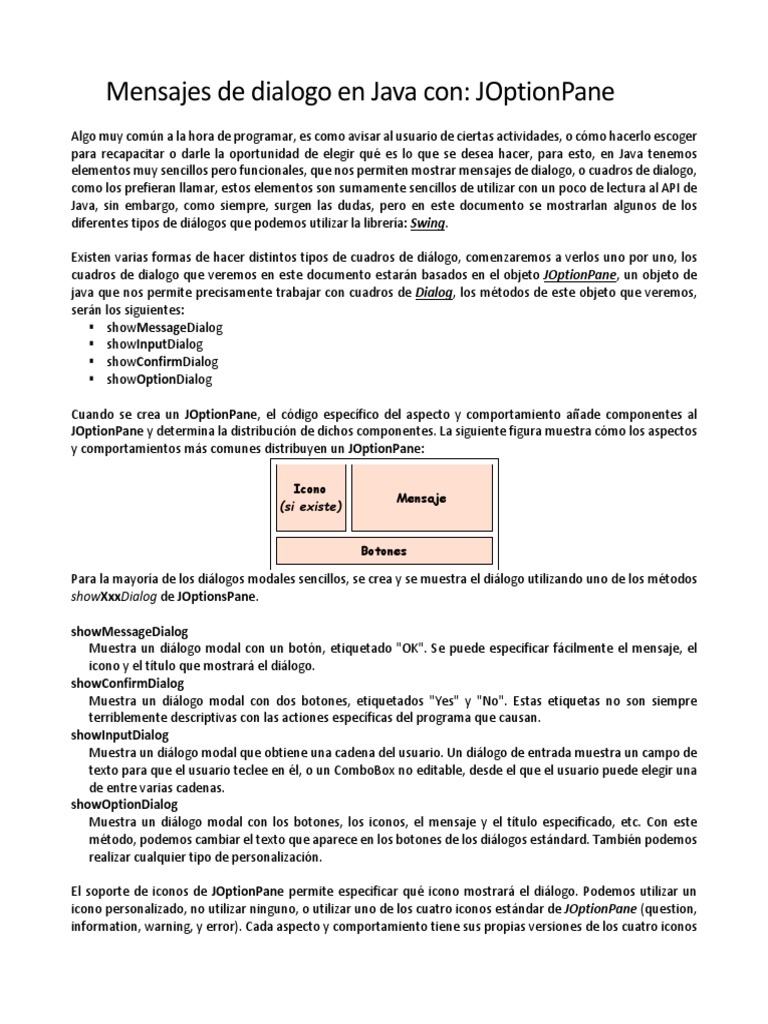 Cuadros de Diálogo en Java con JOptionPane | PDF | Java (lenguaje de programación) | Parámetro ...