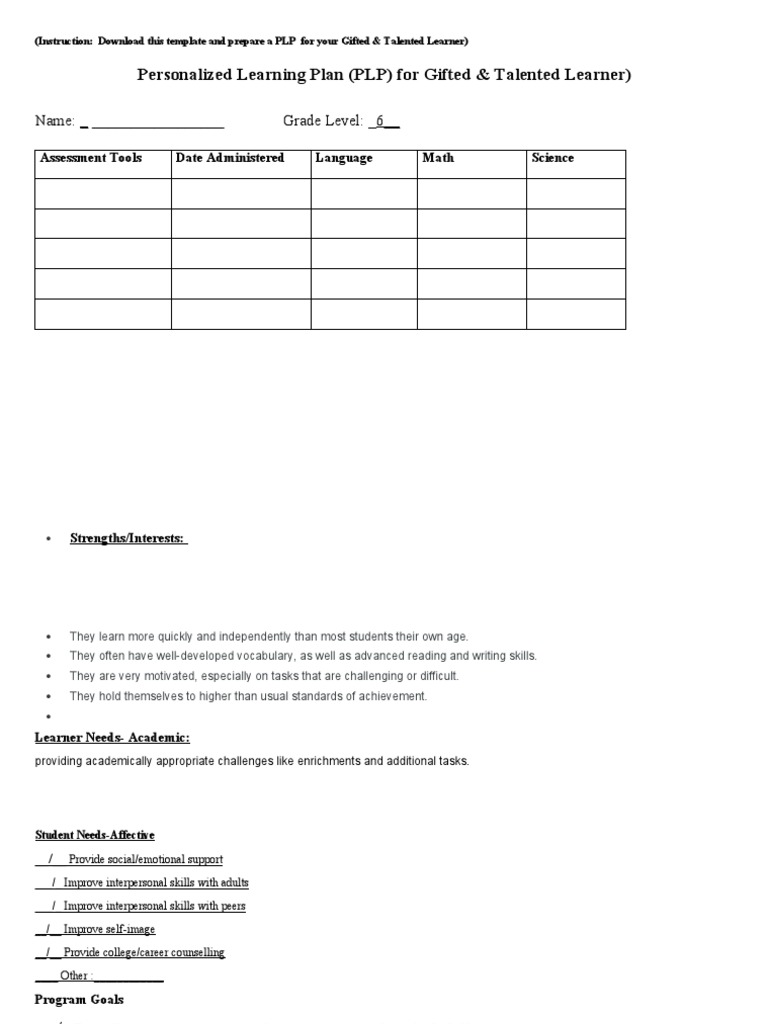 PLP Template for Gifted Learners | PDF | Gifted Education | School ...