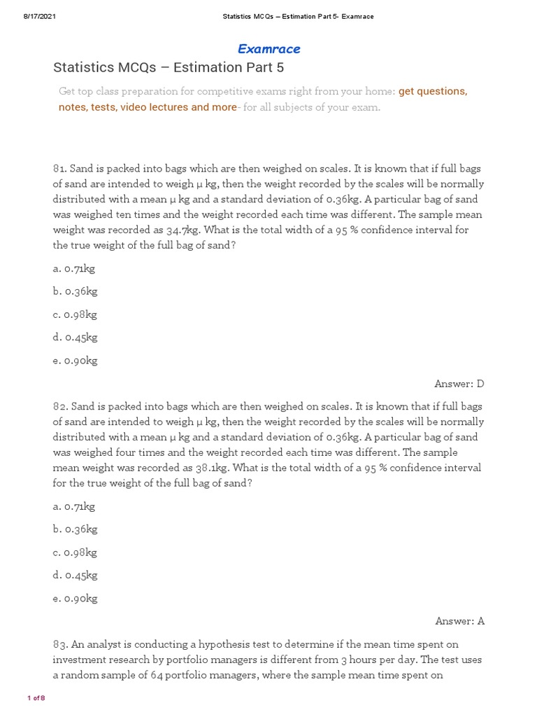 Statistics Mcqs - Estimation Part 5: Examrace | PDF | Confidence ...