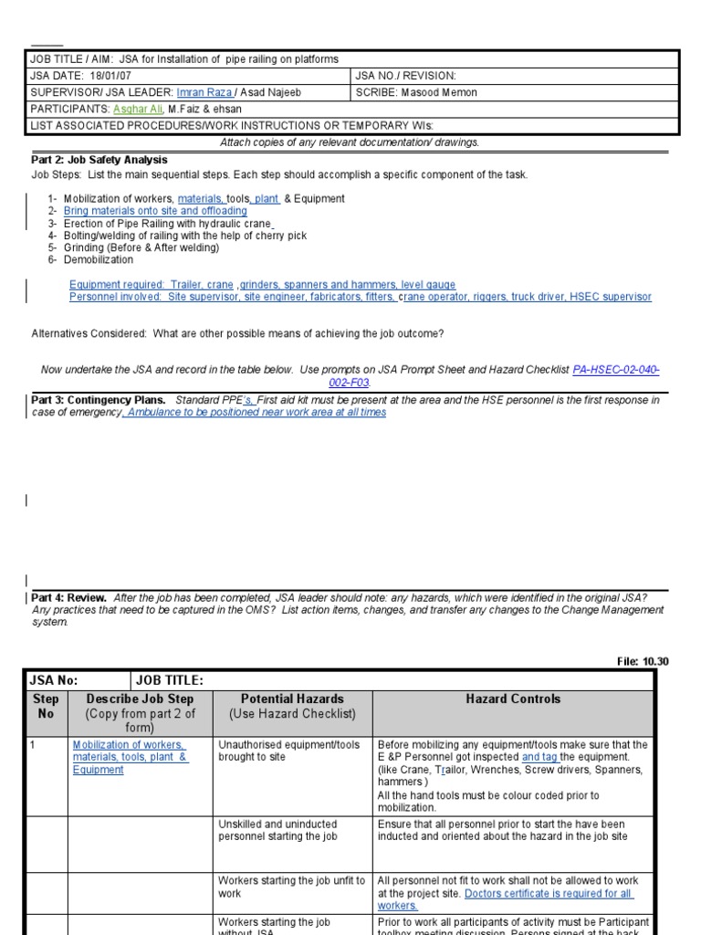 Jsa For Installation of Pipe Railing On Skid | PDF | Personal ...