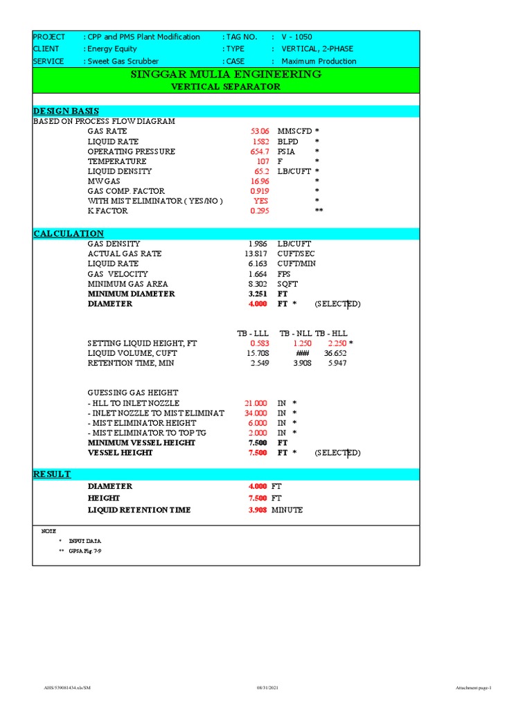Singgar Mulia Engineering: Vertical Separator Design Basis | PDF | Gases | Physical Sciences
