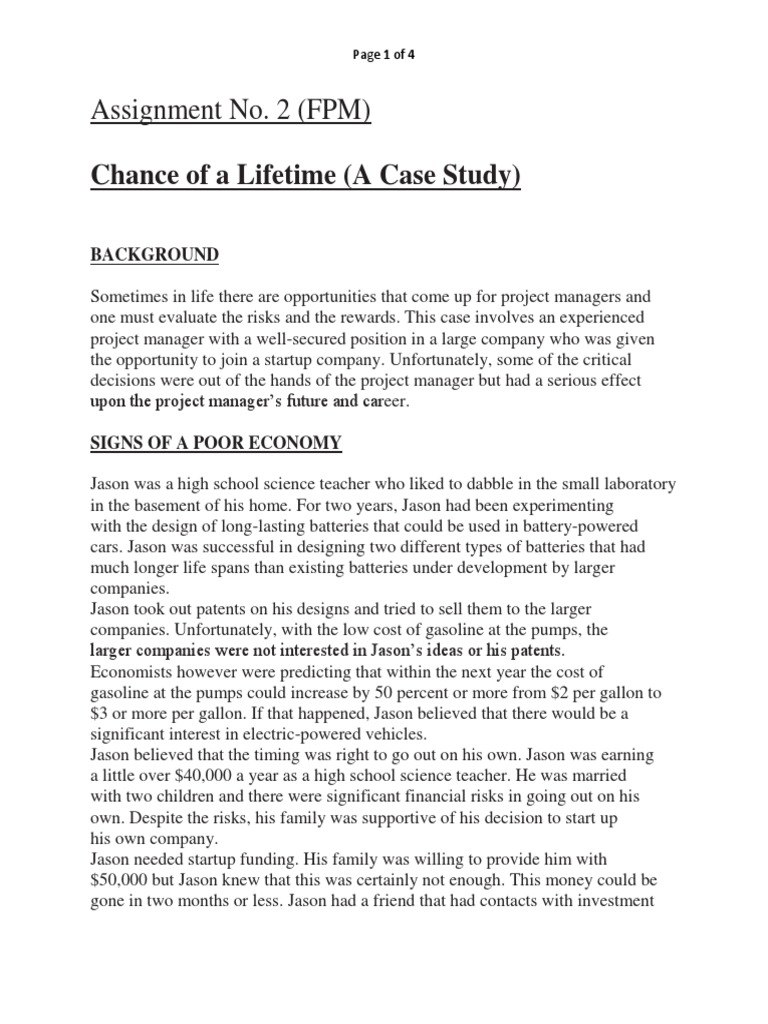Chance of A Lifetime (A Case Study) : Assignment No. 2 (FPM) | PDF ...