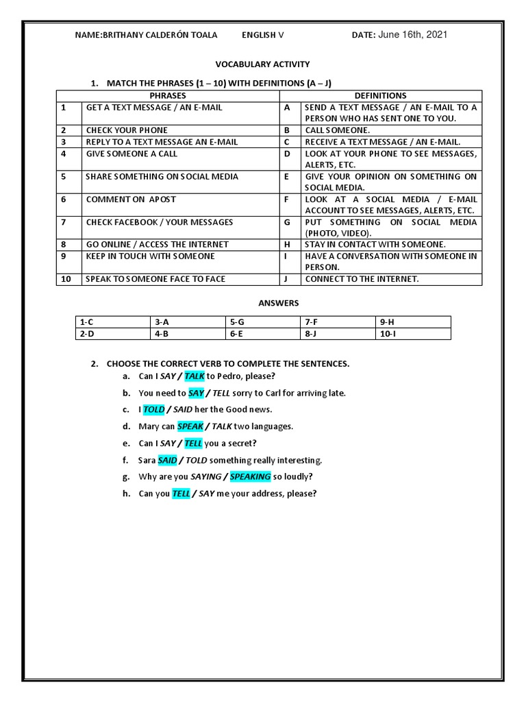 Vocabulary Building Activity 1 | PDF