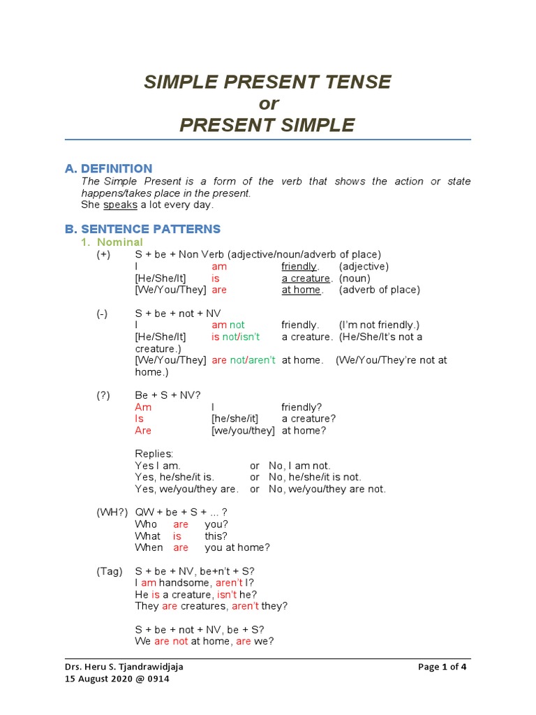 Simple Present Tense or Present Simple: A. Definition | PDF | Noun ...