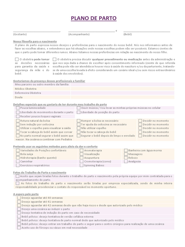 Plano de Parto Detalhado da Família [SOBRENOME] | PDF | Parto | Gravidez