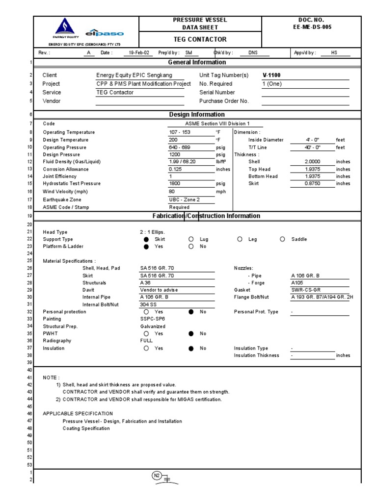 Data Sheet TEG Contactor (V-1100) | PDF | Pressure | Civil Engineering
