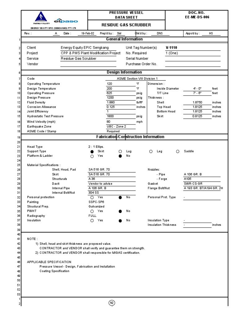 Pressure Vessel Data Sheet for Residue Gas Scrubber | PDF | Pressure ...