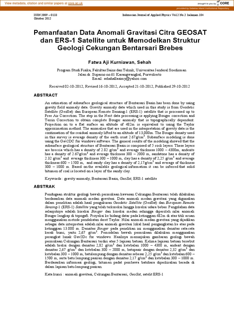 Pemanfaatan Data Anomali Gravitasi Citra GEOSAT Dan ERS-1 Satellite Untuk Memodelkan Struktur ...