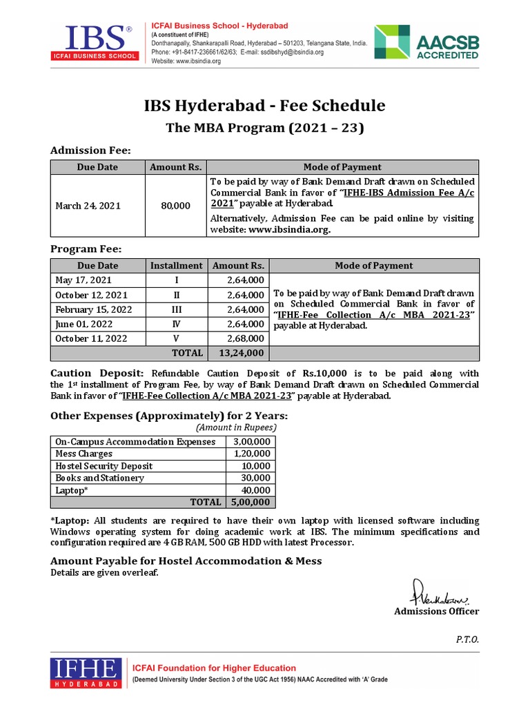 Fee Shedule MBA-Hyderabad | PDF | Fee | Computer Architecture