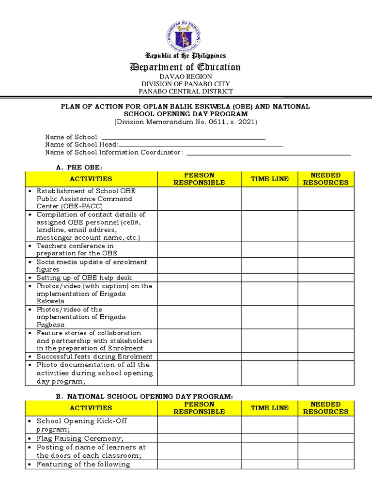 Sample Action Plan For 2021 Oplan Balik Eskwela | PDF | Learning | Communication