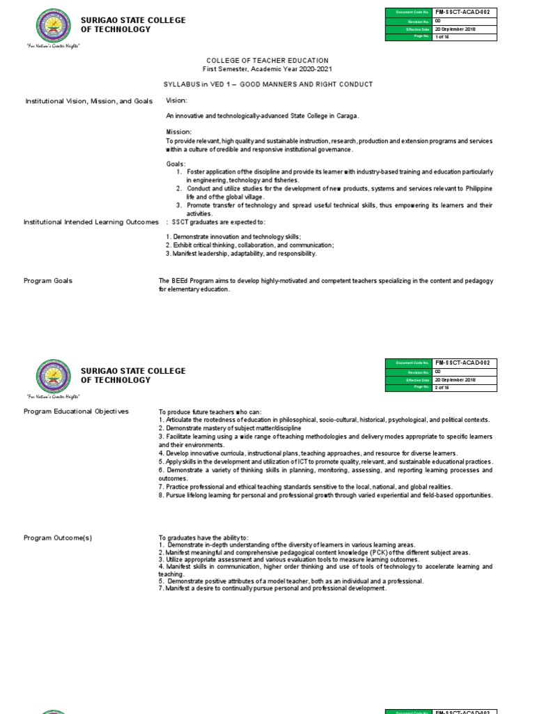 Revised VED 1 BEED Enhanced Course Syllabus 2020-2021 | PDF | Learning ...