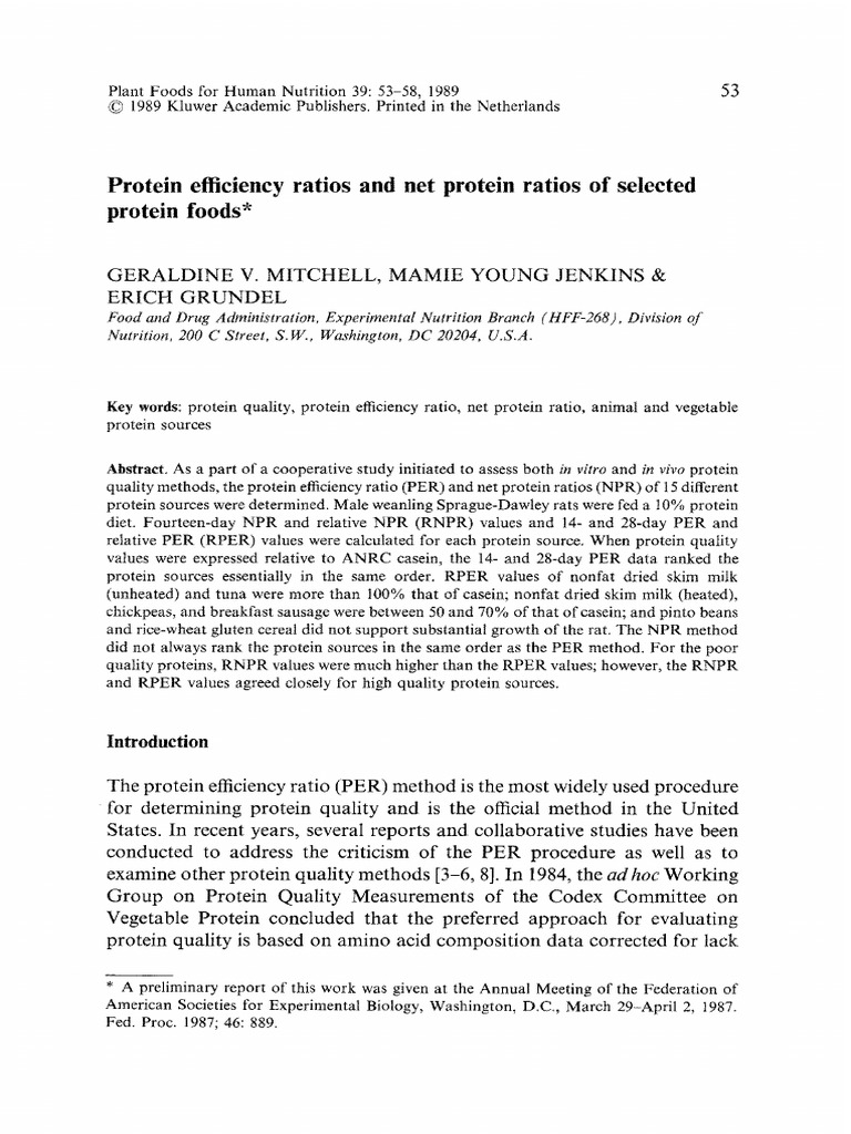 Protein Efficiency Ratios and Net Protein Ratios of Selected Per | PDF ...