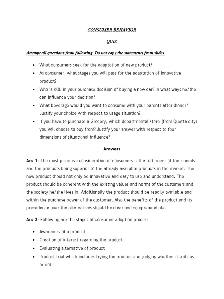 Consumer Behavior Quiz Attempt All Questions From Following. Do Not ...