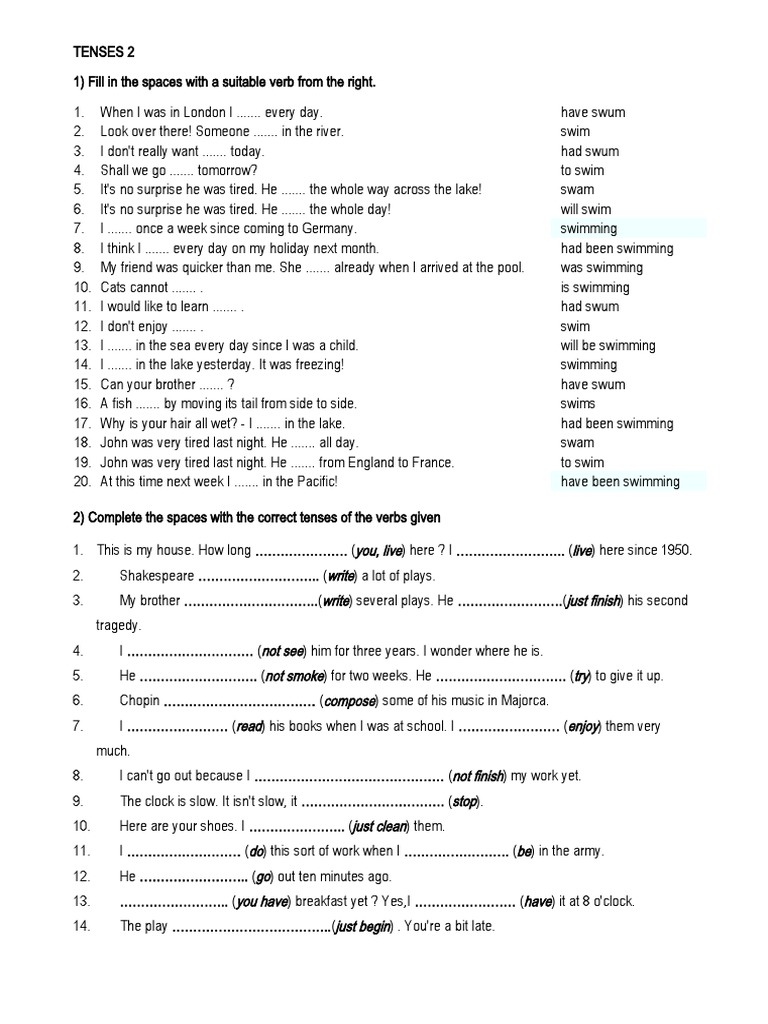 TENSES 2: Verb Forms and Usage Guide | PDF | Swimming