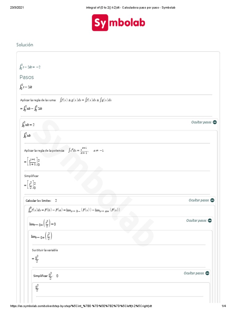 Integral of (0 To 2 t-2) DT - Calculadora Paso Por Paso - Symbolab 6 ...