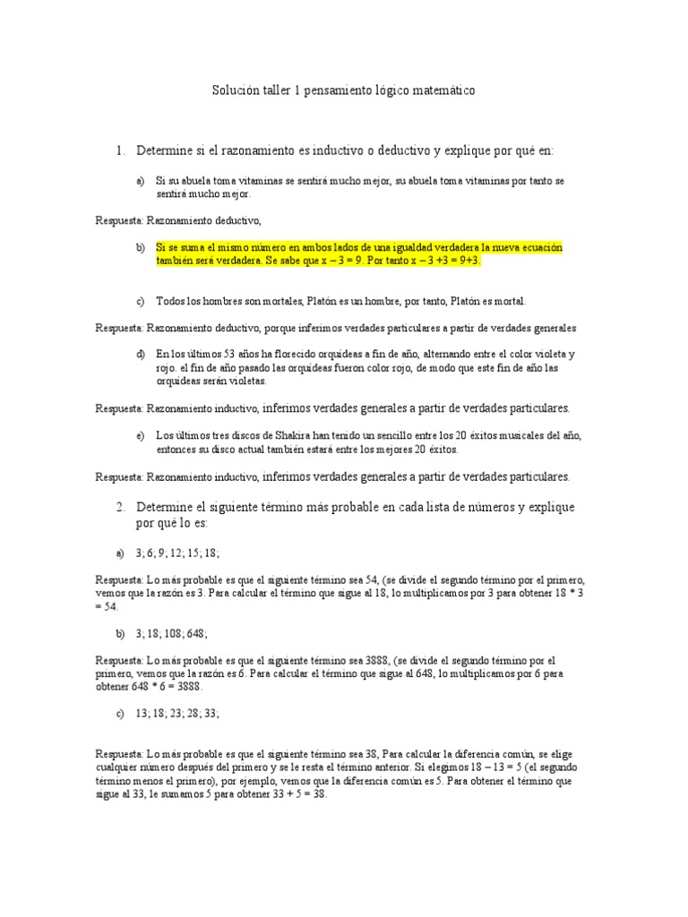 Solución Taller 1 Pensamiento Lógico Matemático | PDF | Razón | Matemáticas