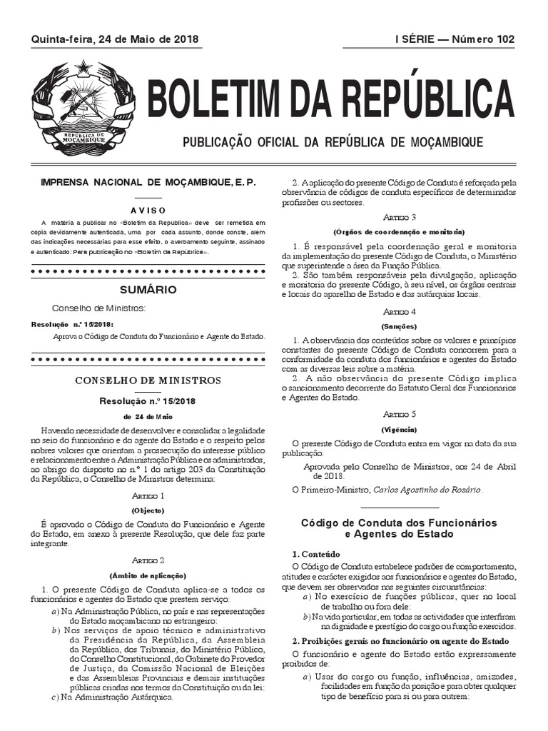 Resolução N.º 15-18, de 24 de Maio, Código Da Conduta Dos Funcionários ...