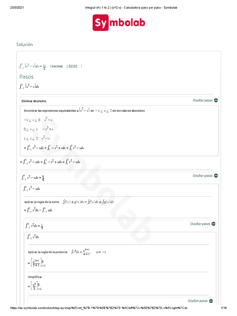 Integral of (-1 To 2) - X 2-X - Calculadora Paso Por Paso - Symbolab 3 ...
