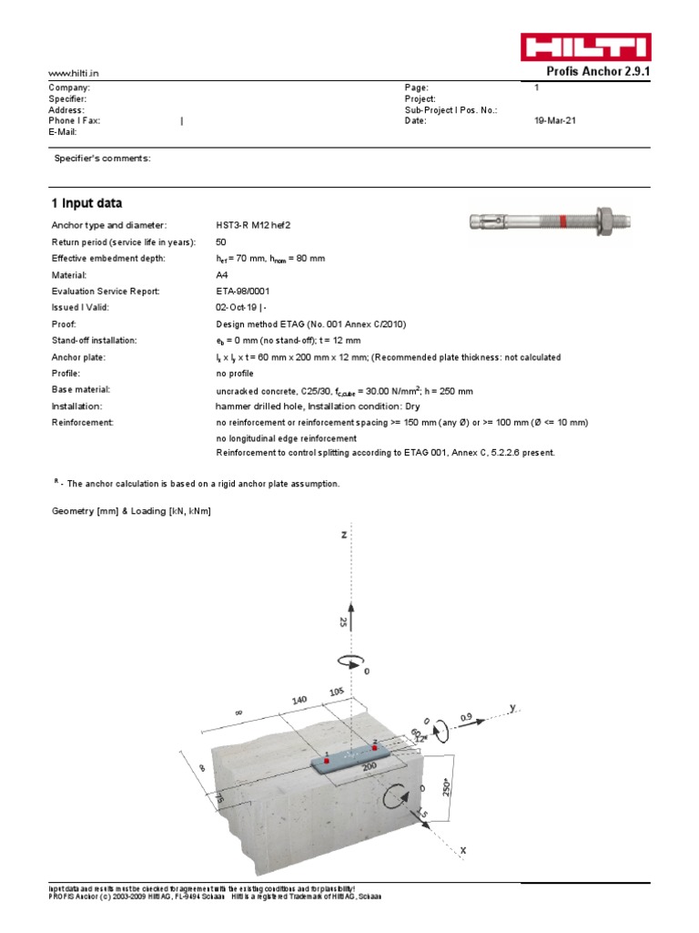 Analysis of anchor installation for a 250 mm thick uncracked concrete slab with M12 HST3-R ...