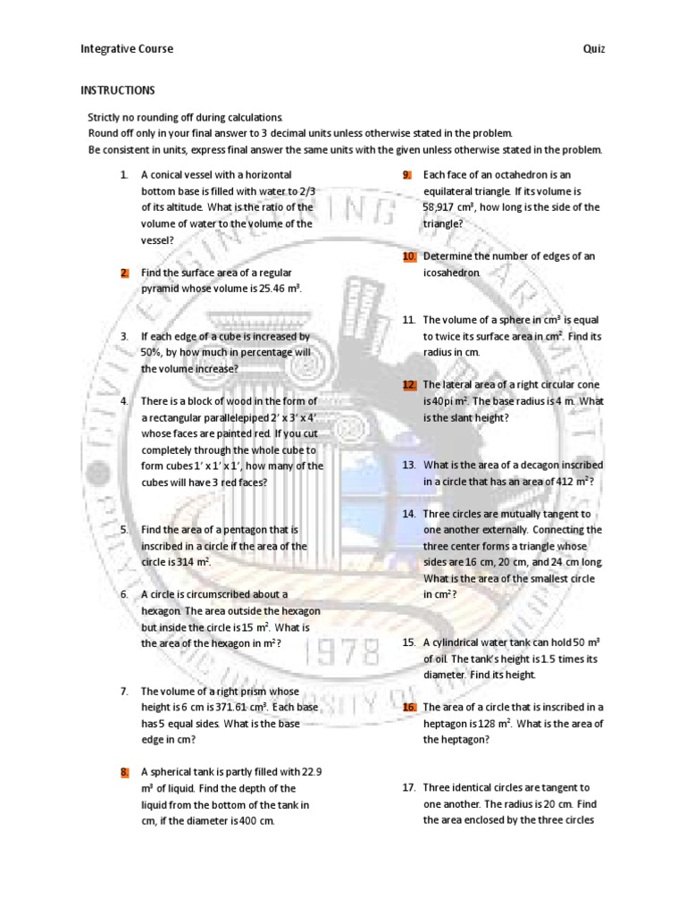 Integrative Course Quiz | PDF | Area | Sphere