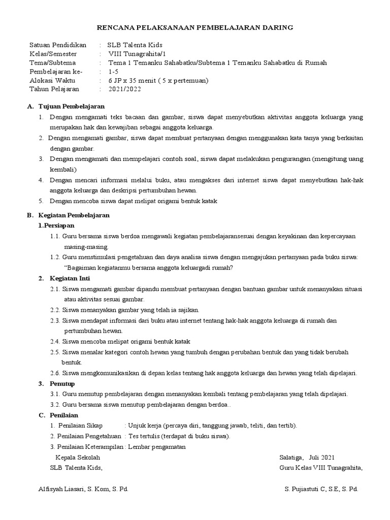 RPP Daring Kelas 8 Tema 1 Temanku Sahabatku ST 1 | PDF