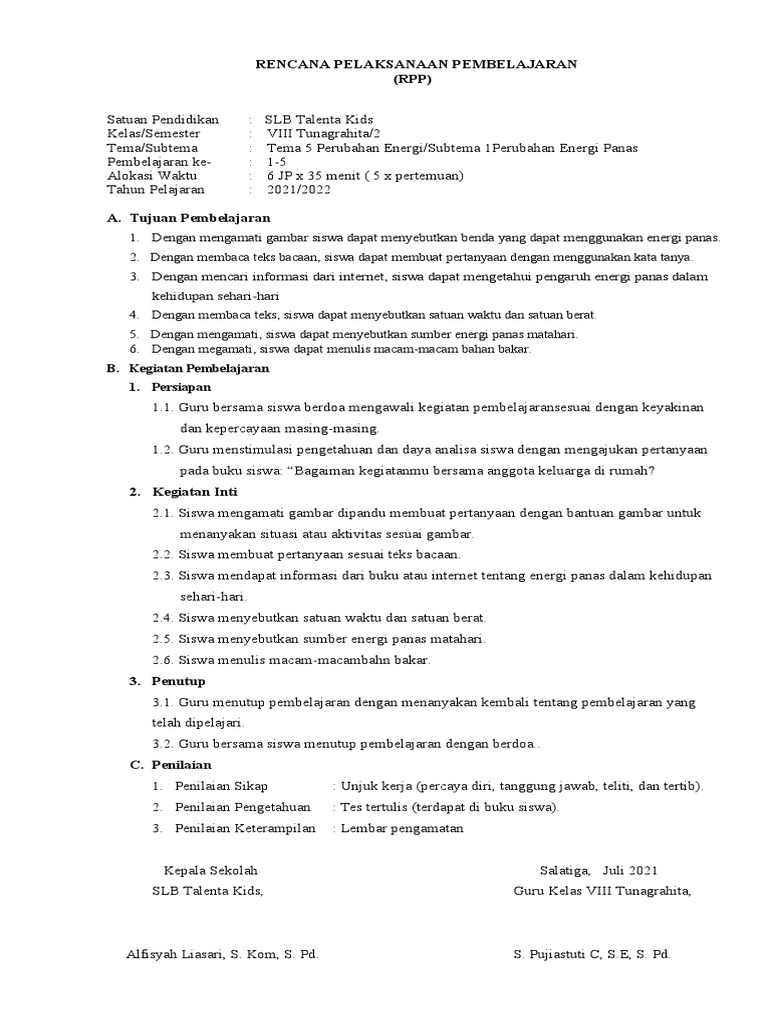 RPP Kelas 8 Tunagrahita Tema 5 Perubahan Energi ST 1 | PDF | Sains & Matematika