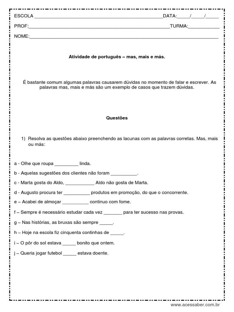 Atividade de Portugues Mas Ou Mais Pronto para Imprimir | PDF