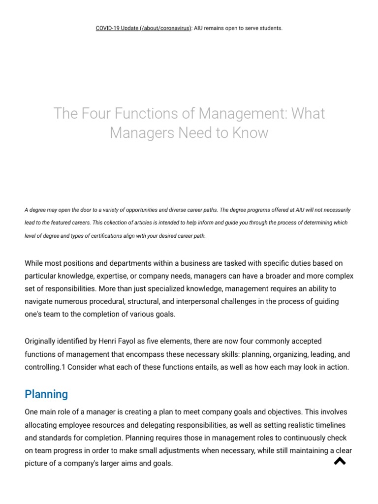 The Four Functions of Management - What Managers Need To Know - AIU ...
