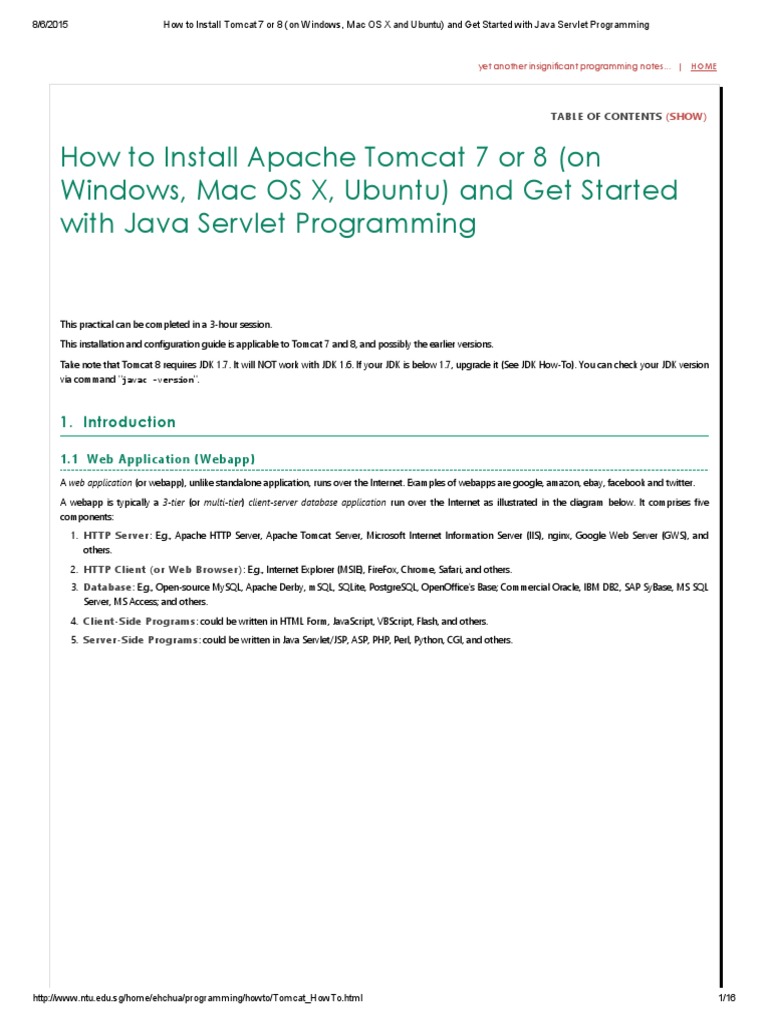How To Install Tomcat 7 or 8 (On Windows, Mac OS X and Ubuntu) | PDF | Networking | Internet & Web
