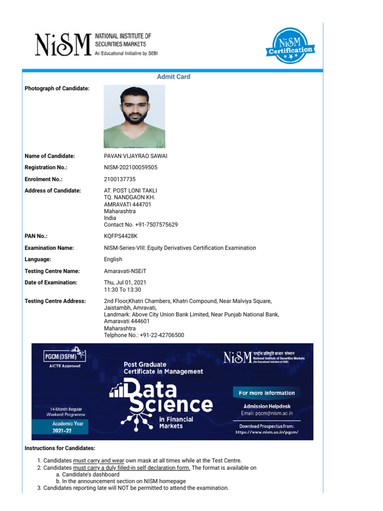 Admit Card: Photograph of Candidate | Download Free PDF | Test ...