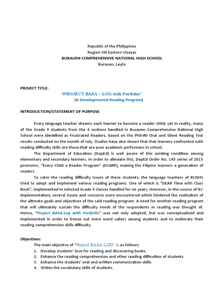 Project BASA-LOG For SIP | PDF | Reading Comprehension | Teaching