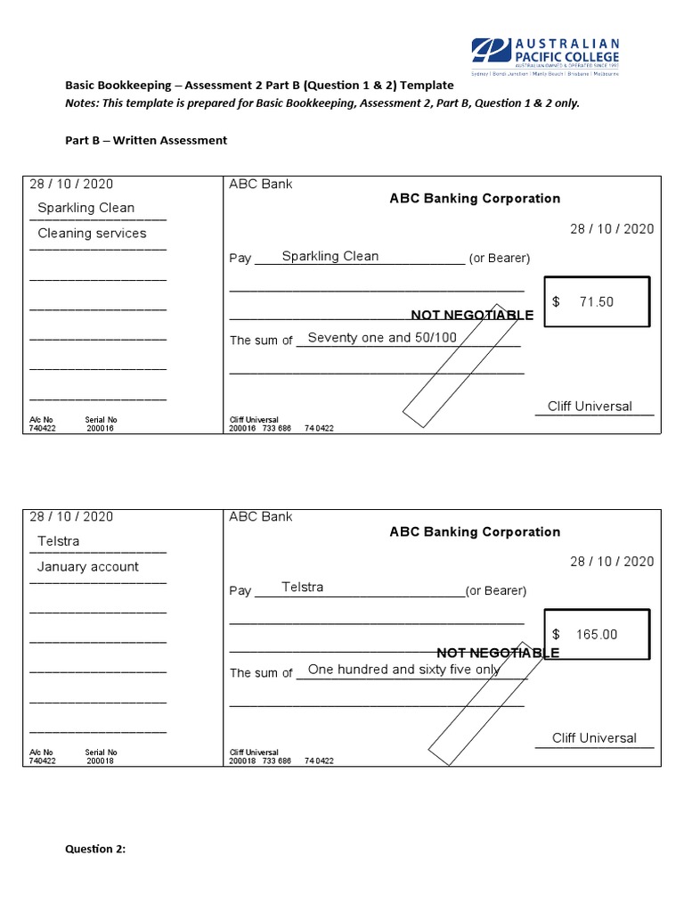 Basic Bookkeeping - Assessment 2 Part B (Question 1 & 2) Template | PDF ...