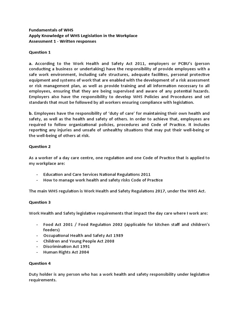 BSBWHS302 - Apply Knowledge of WHS Legislation in The Workplace | PDF ...