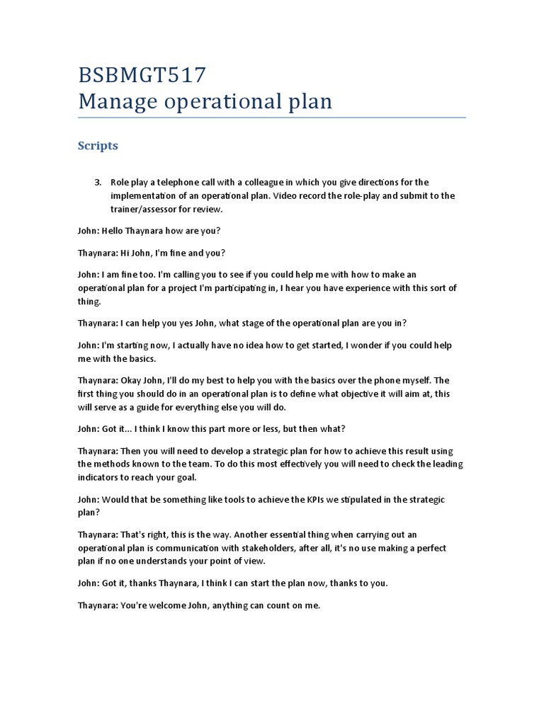BSBMGT517 Manage Operational Plan: Scripts | PDF | Strategic Planning