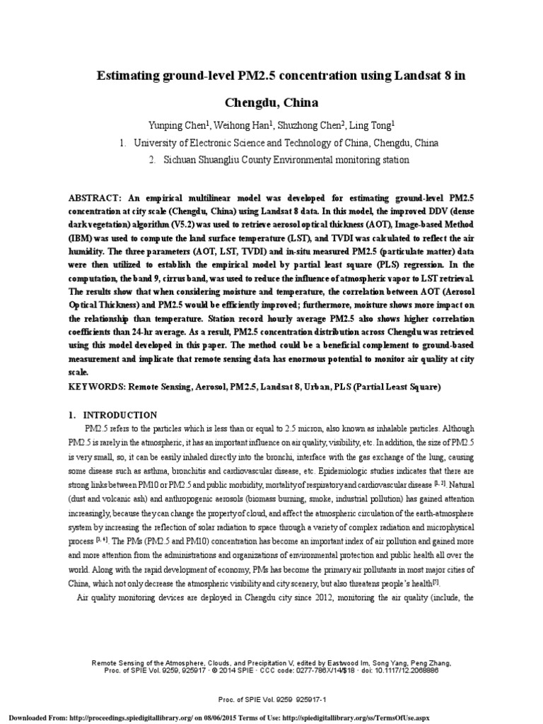 Estimating Ground-Level PM2.5 Concentration Using Landsat 8 in Chengdu, China | PDF ...