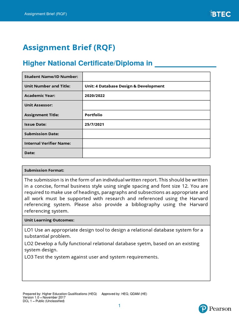 Assignment Brief (RQF) : Higher National Certificate/Diploma in | PDF | Databases | Sql