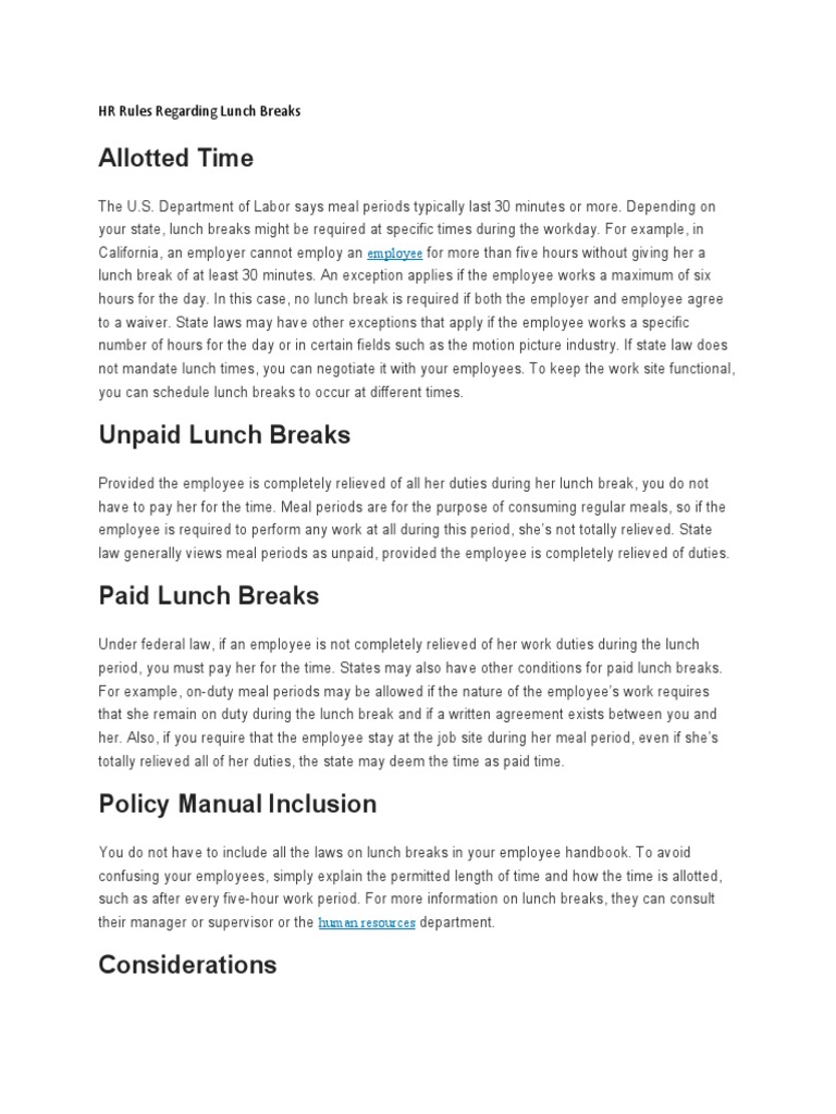Allotted Time: HR Rules Regarding Lunch Breaks | PDF | Employment | Policy