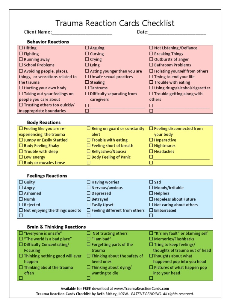 Trauma Reaction Cards Checklist: Behavior Reactions | PDF ...