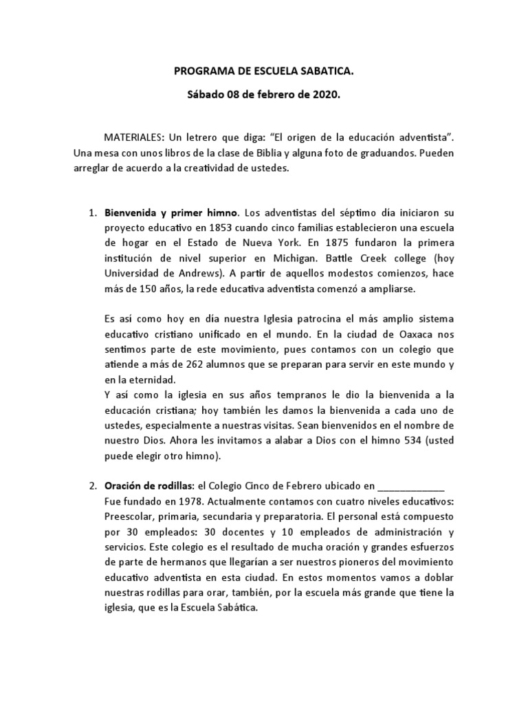 Programa de Escuela Sabatica Origenes de La Educacion Adventista | PDF | Iglesia Adventista del ...