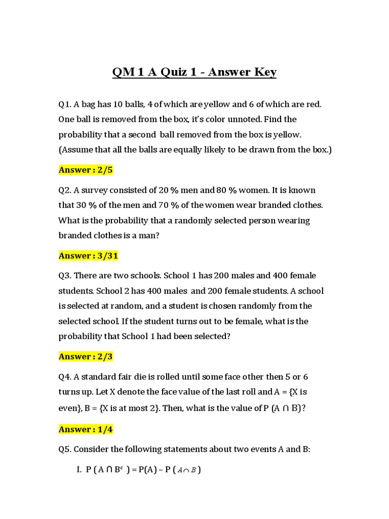 QM 1 A Quiz 1 - Answer Key | PDF