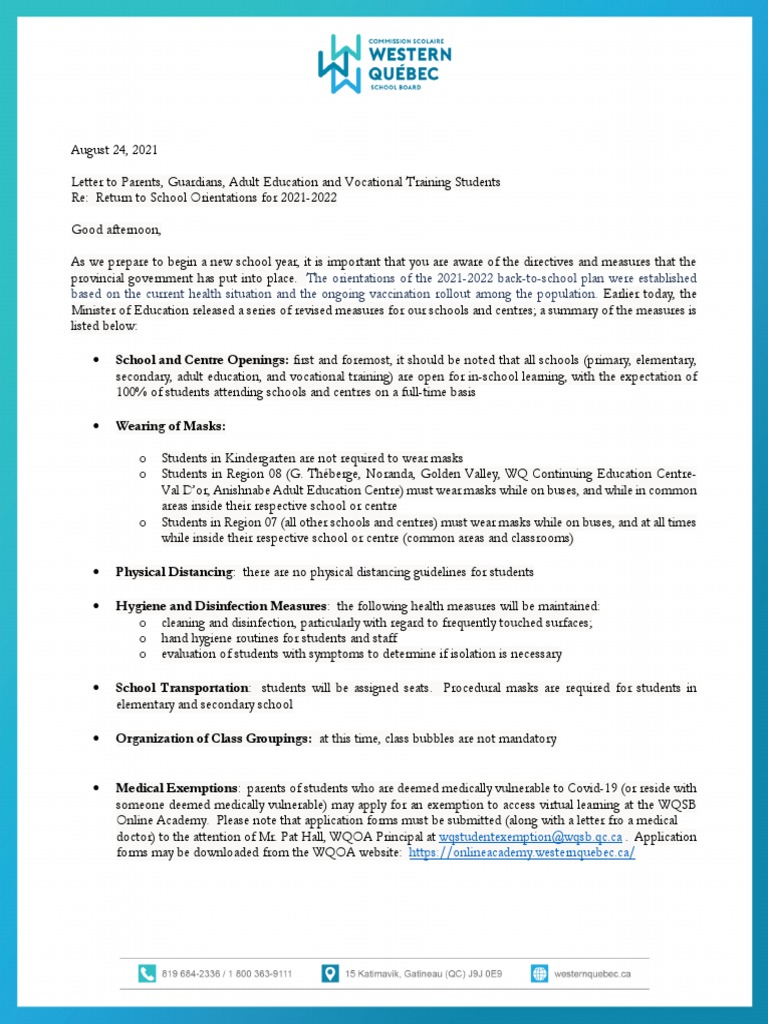 Letter To Parents August 24 2021 | PDF | Schools | Health Sciences