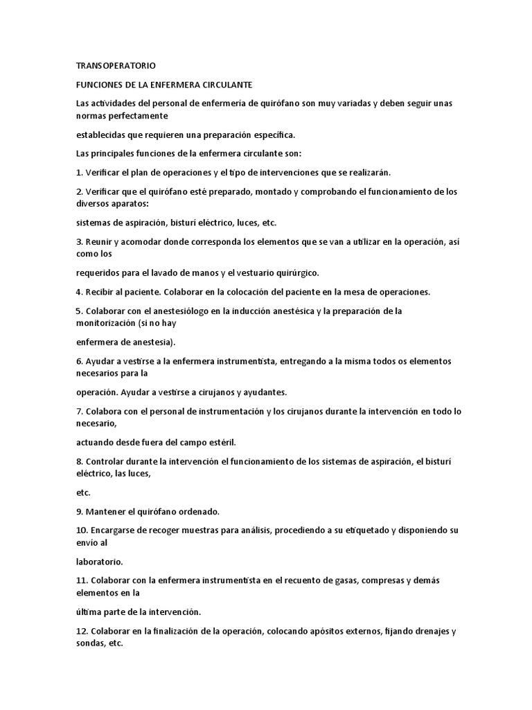 TRANSOPERATORIO | PDF | Enfermería | Medicina