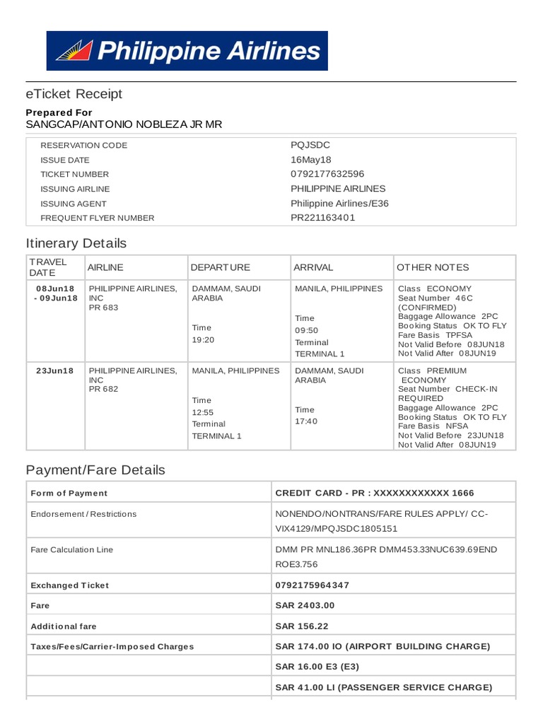 Electronic Ticket Receipt, June 08 For MR ANTONIO NOBLEZA SANGCAP JR ...
