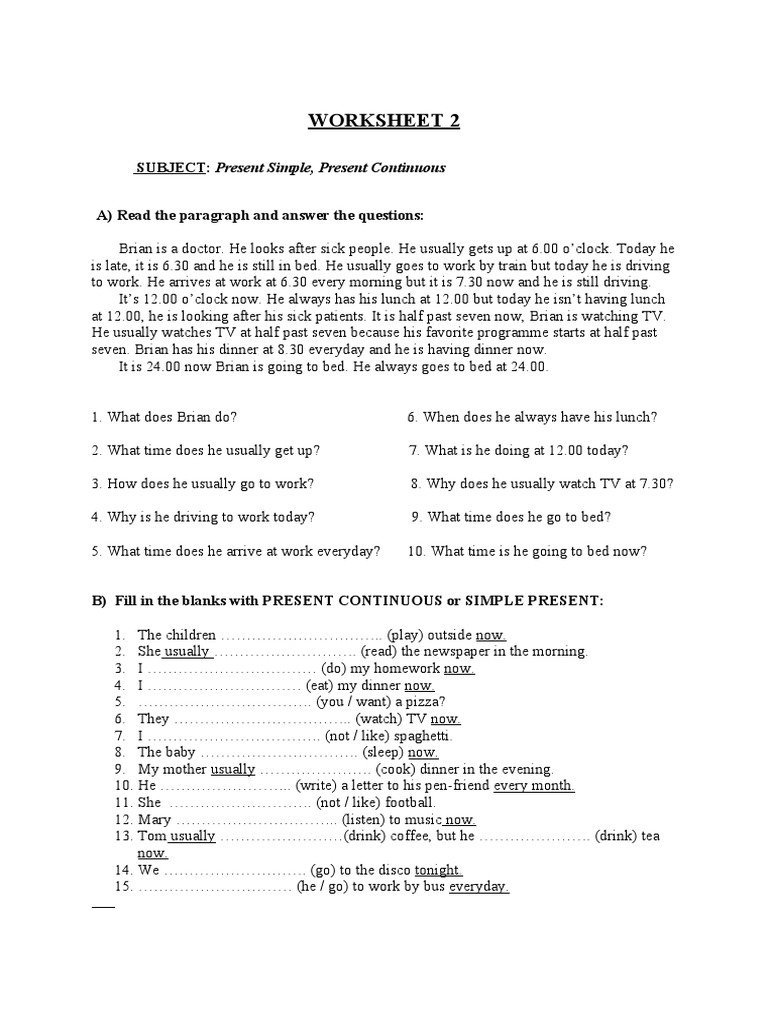 WORKSHEET 2 Present Simple and Present Continuous | PDF | Lunch ...