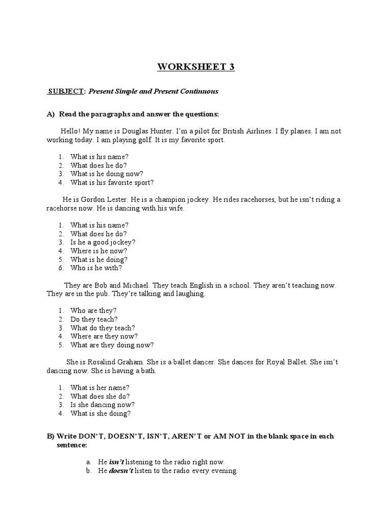 WORKSHEET 3 Present Simple and Present Continuous | PDF