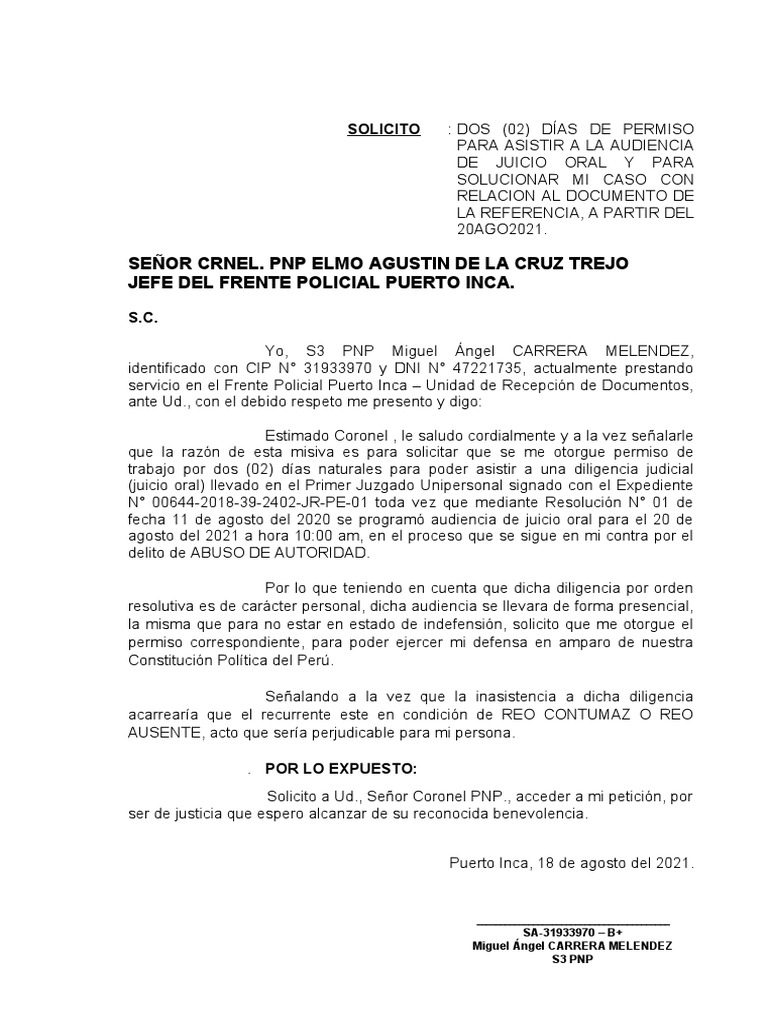 Solicito 2 Dias de Permiso | PDF | Justicia | Crimen y violencia