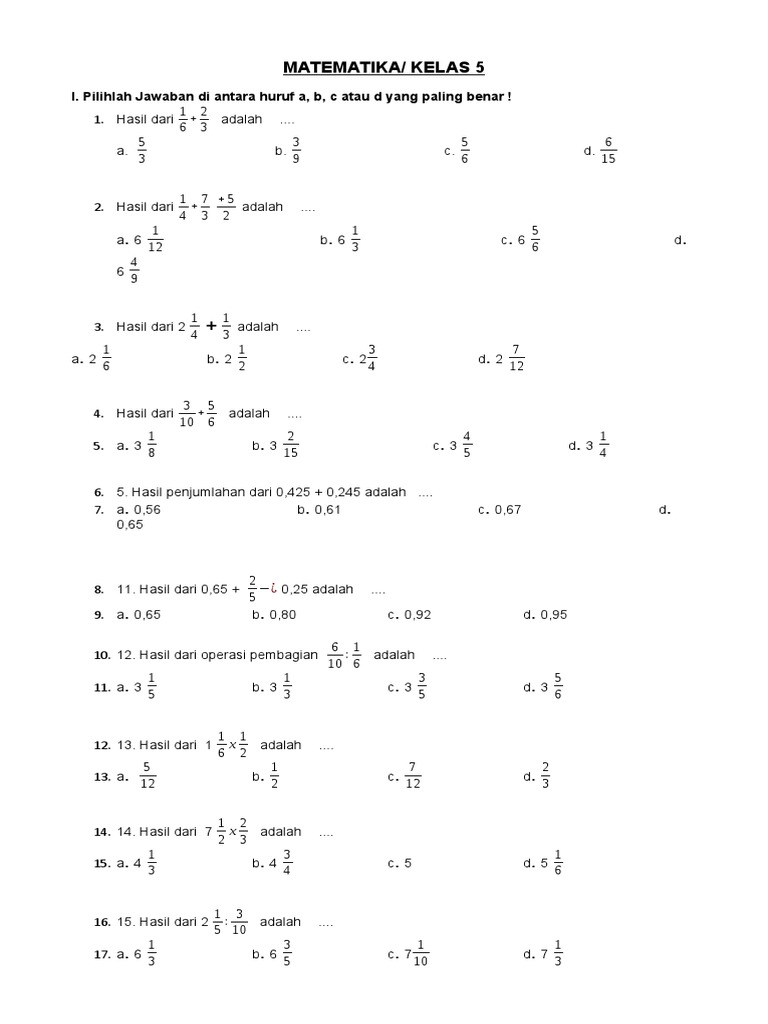 Soal PTS Matematika Kelas 5 Semester 1 K13 Tahun 2020-2021 | PDF
