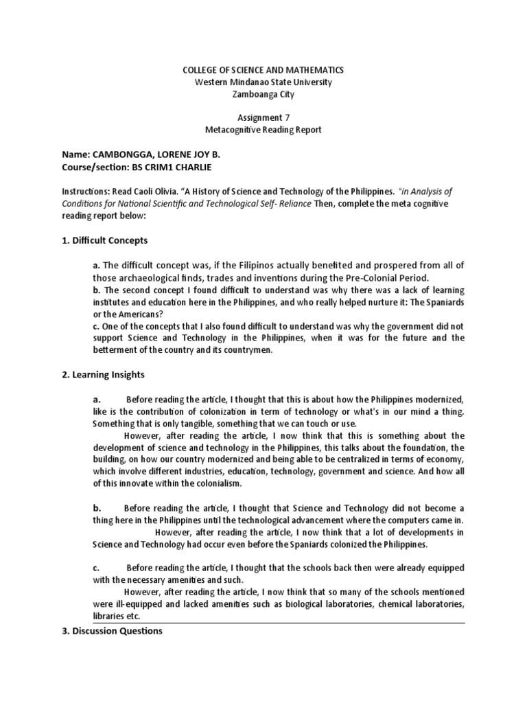 STS - Assignment 7-Caoli Olivia | PDF | Science | Philippines